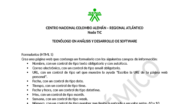 Taller 1 - Formularios HTML5 para Desarrollo de Software - Studocu