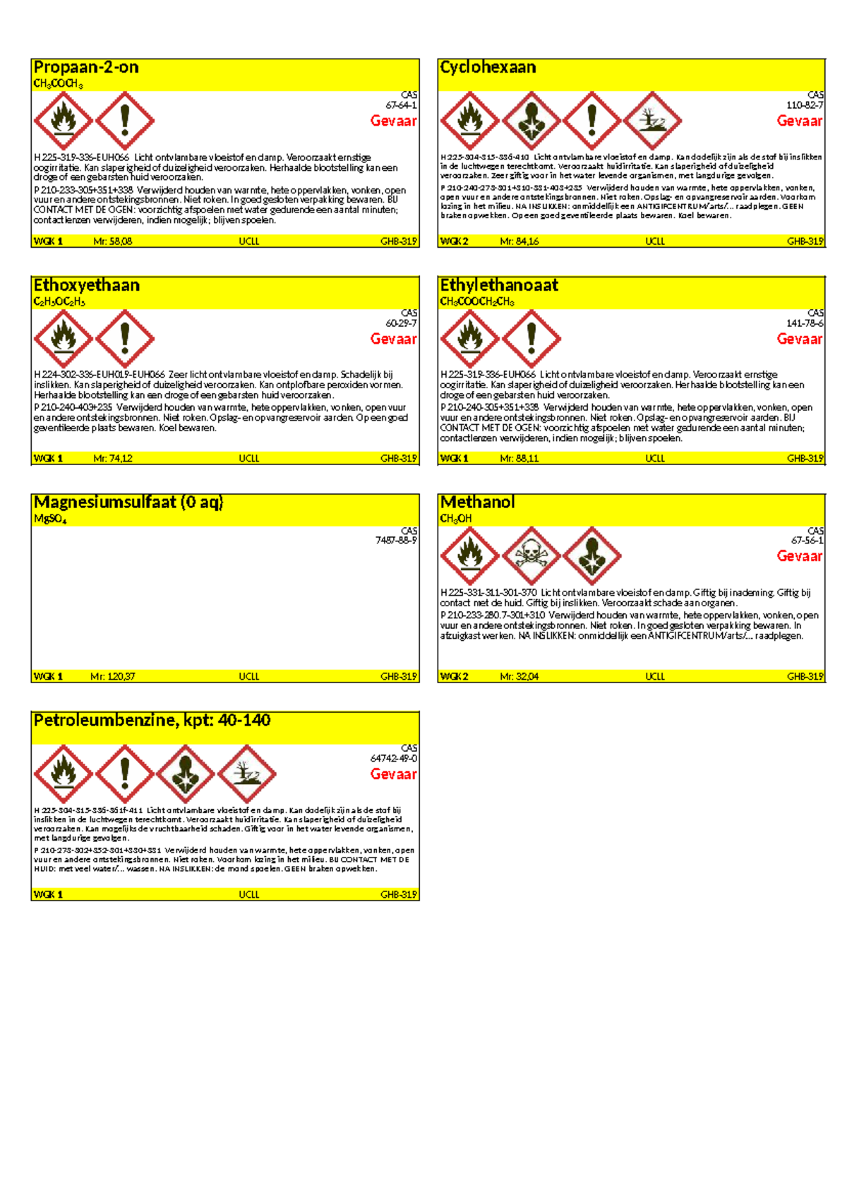 Etiketten Lab 1 - Gevaren en Veiligheidsinstructies voor Chemische ...