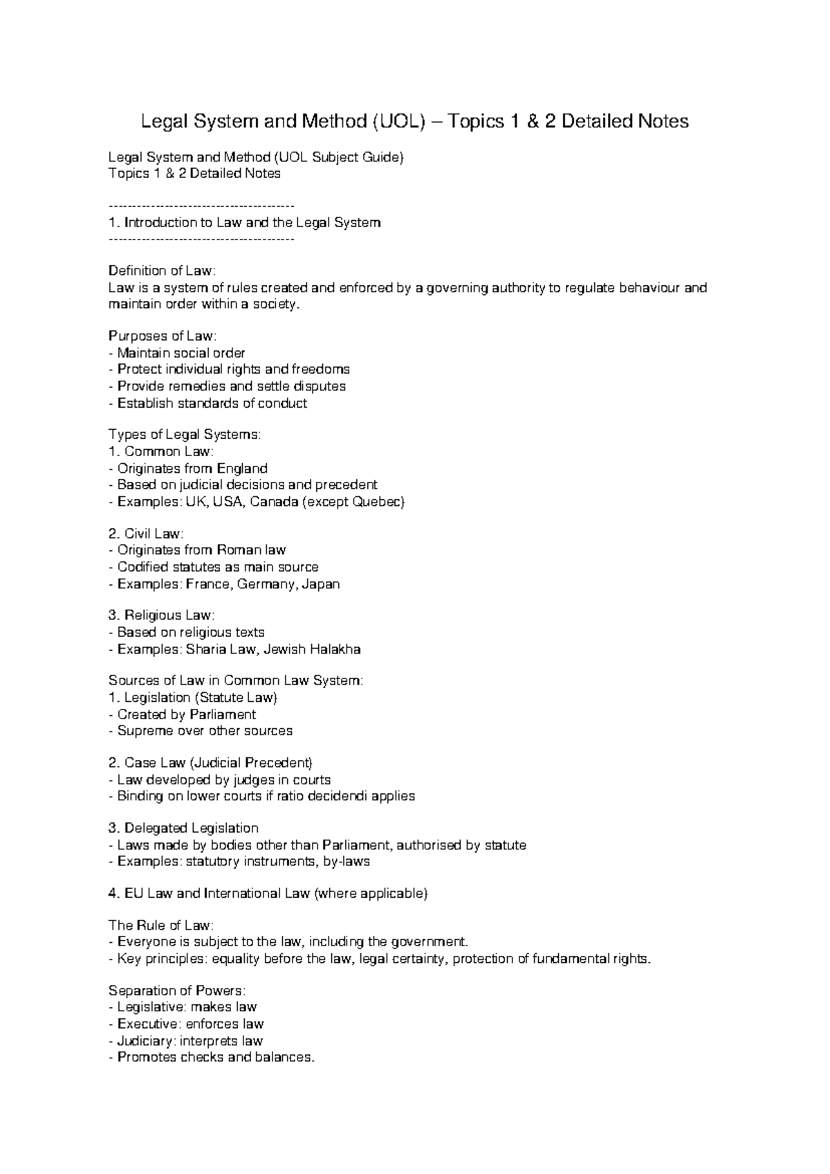 LSM (UOL) Topics 1 & 2: Comprehensive Legal System Notes - Studocu