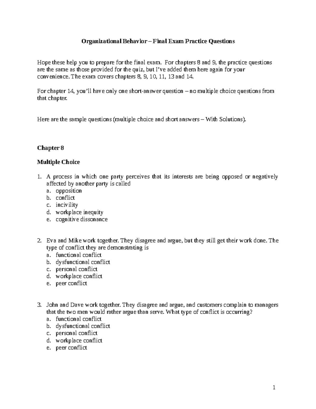 Organizational Behaviour Final Exam Practice Questions (Psychology ...