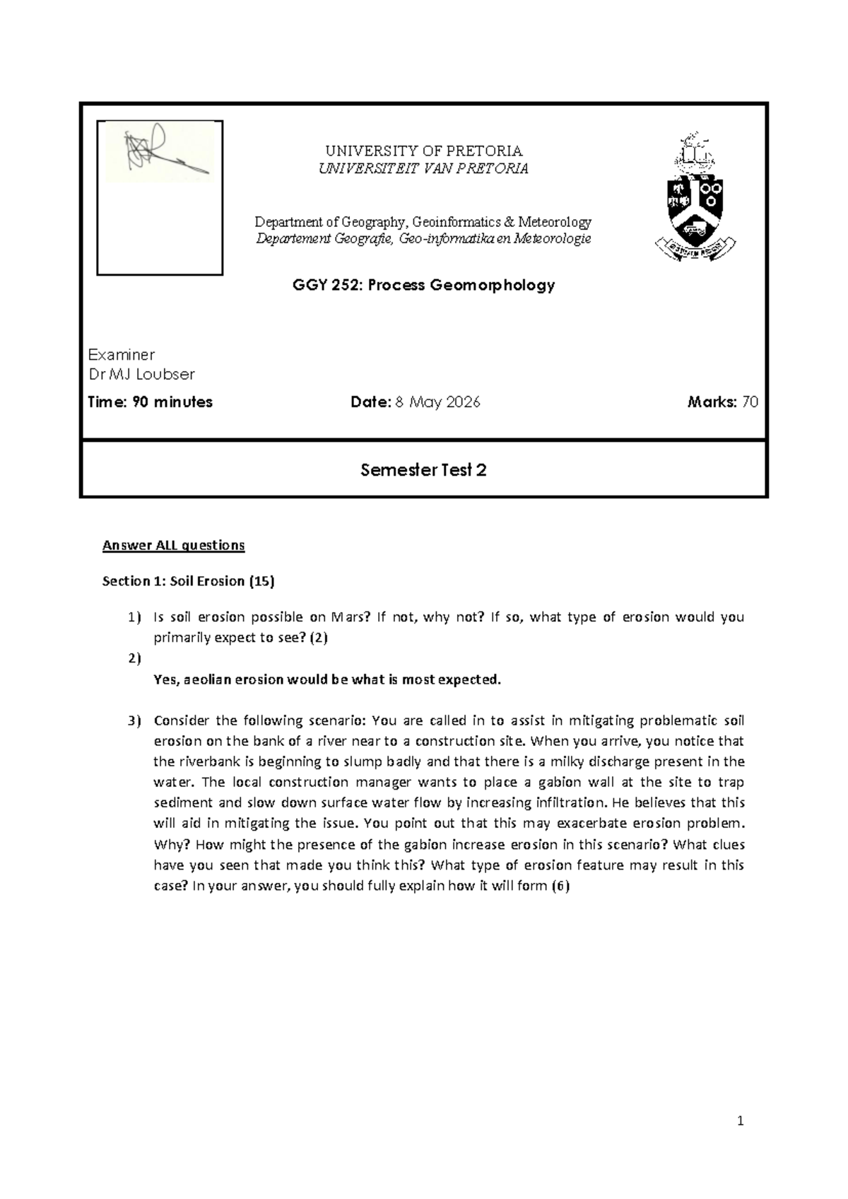 GGY 252: Process Geomorphology Class Test 2 Memo - Dr. MJ Loubser - Studocu