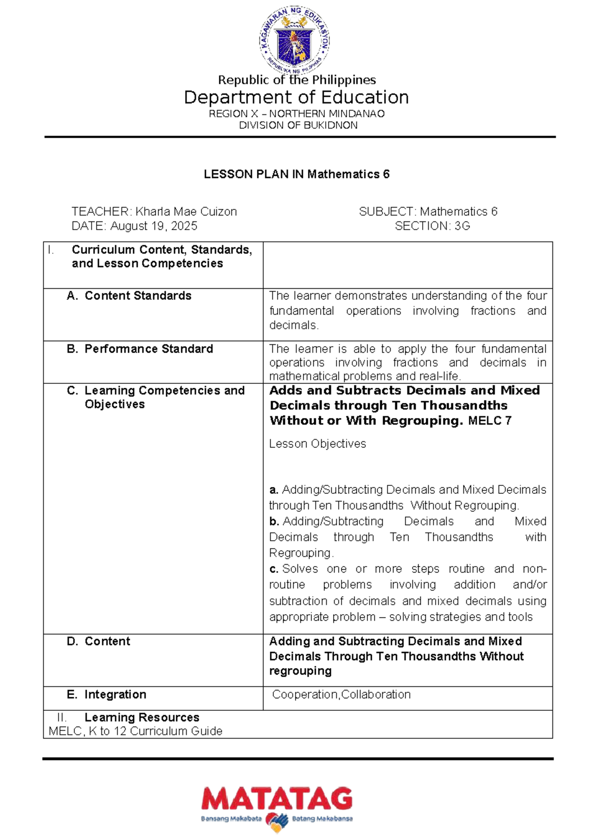 Math 6 Lesson Plan: Adding & Subtracting Decimals (Cuizon) - Studocu