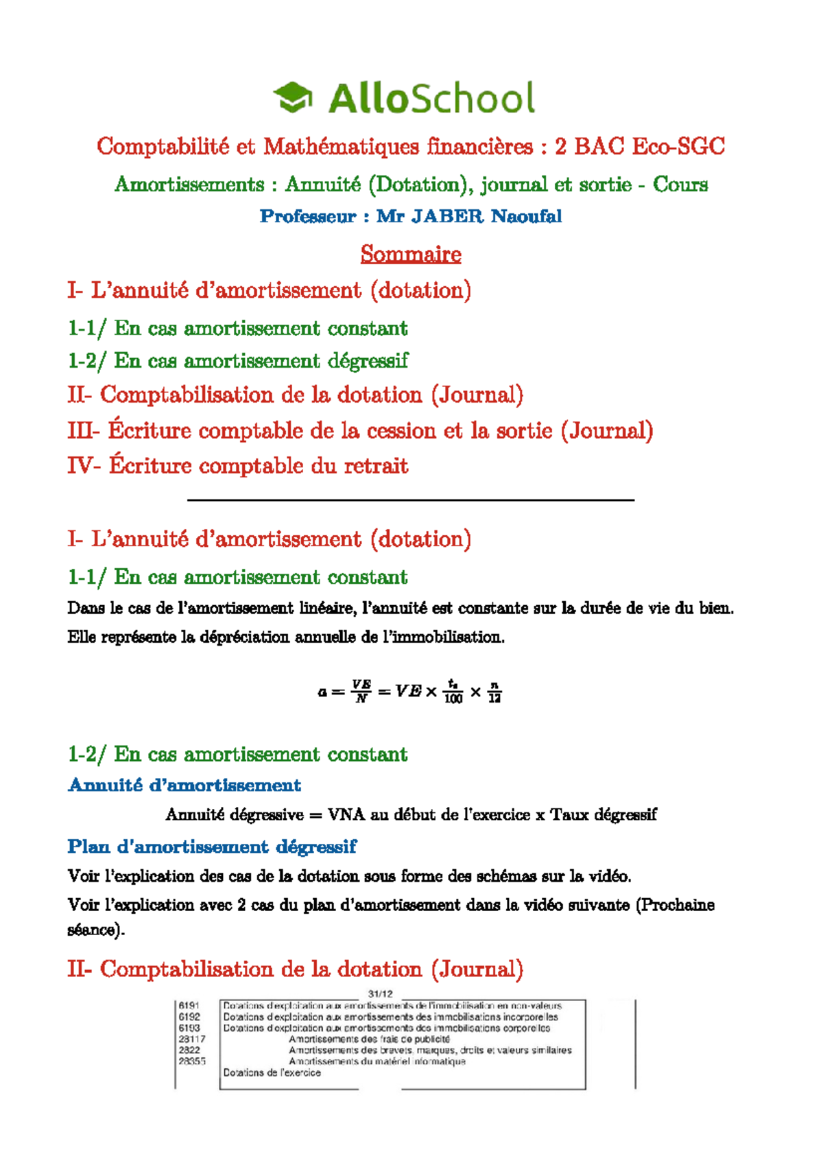 Cours de Comptabilité : Amortissements, Journal et Dotation - 2 BAC ...
