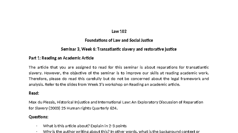 Law 102 Seminar 3: Reading on Slavery Reparations & Debate Prep - Studocu