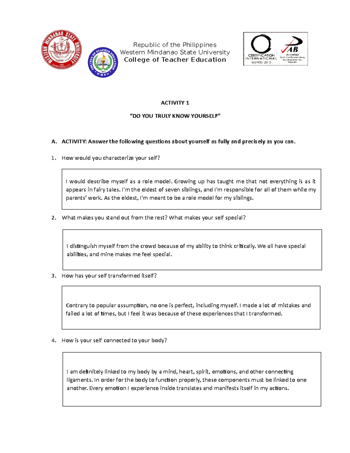 Understanding the Self - Activity 1 DO YOU Truly KNOW Yourself ...