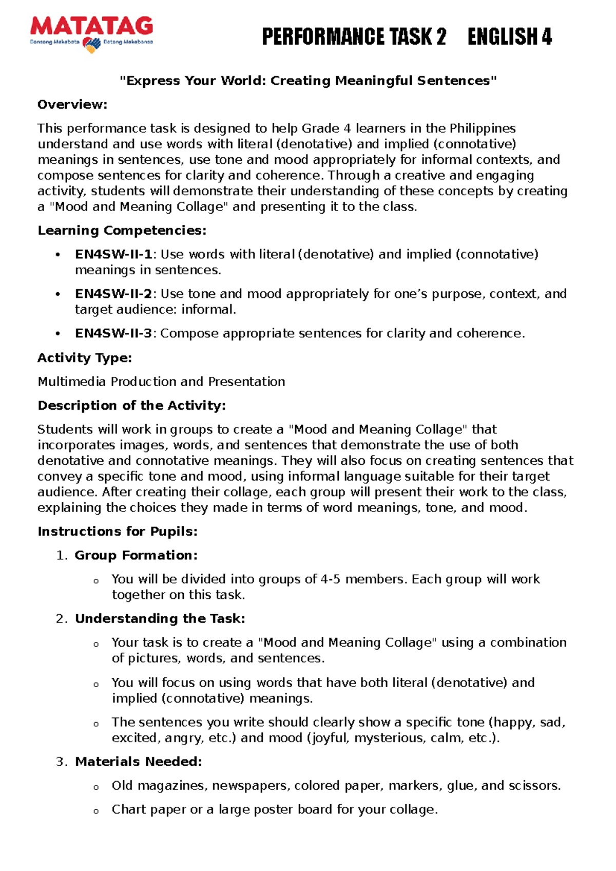 English 4 Performance Task 2: Crafting Mood and Meaning Collages - Studocu