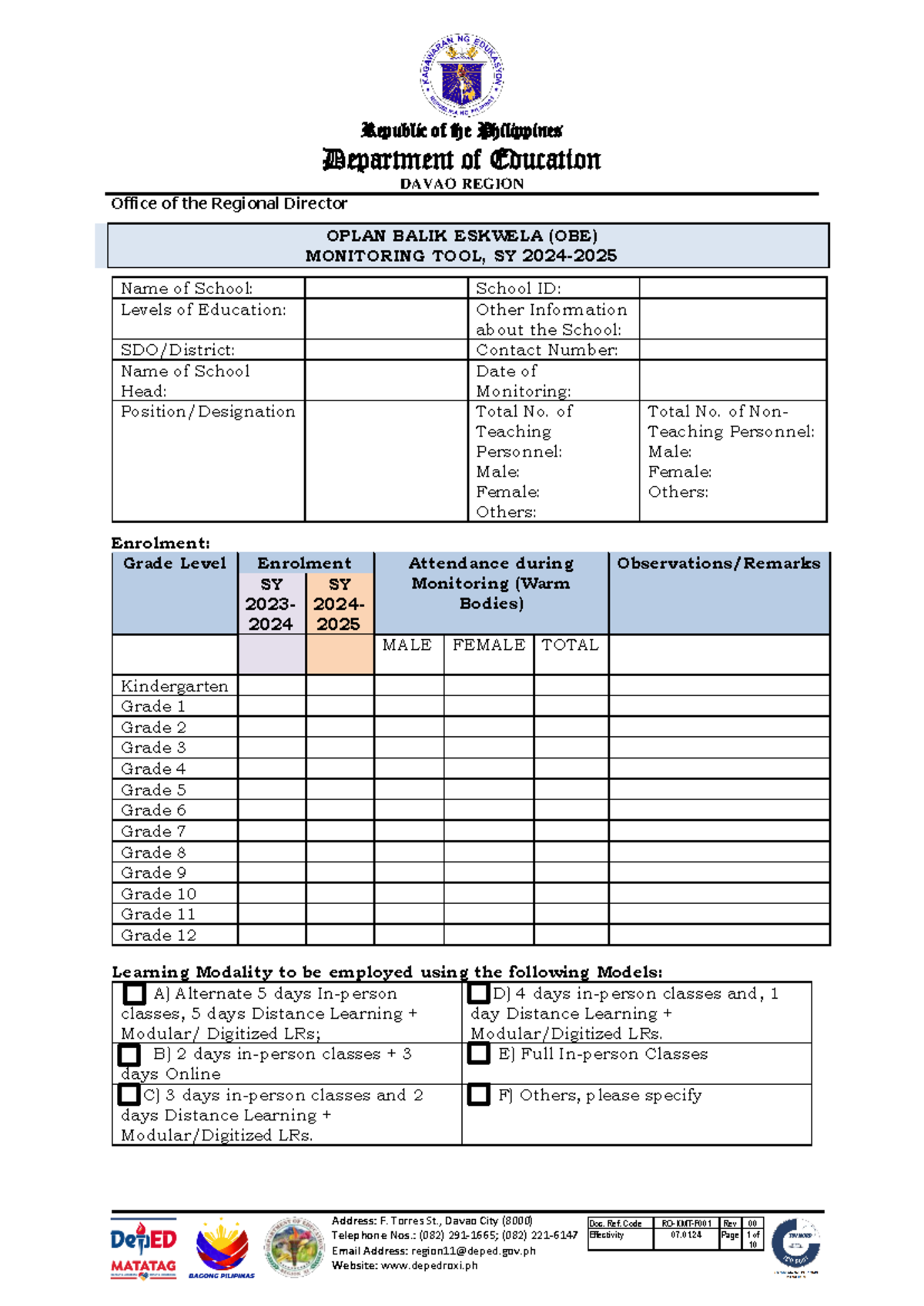 Monitoring Tool for Oplan Balik Eskwela 2024-2025 Session - Studocu