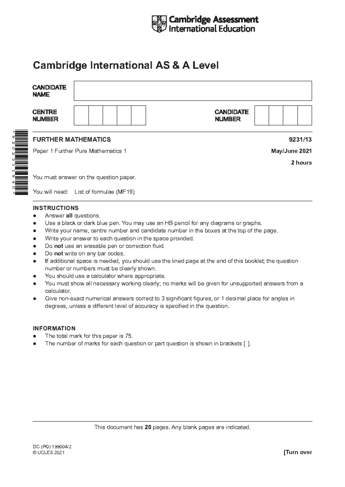 Cambridge International AS A Level 9231/13 Further Mathematics Paper 1 ...