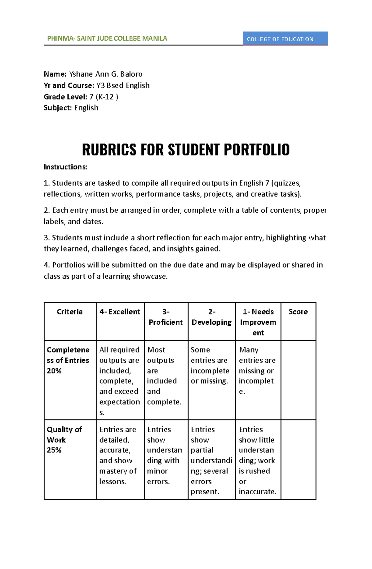 English 7 Portfolio - Assignment Rubrics and Guidelines - Studocu