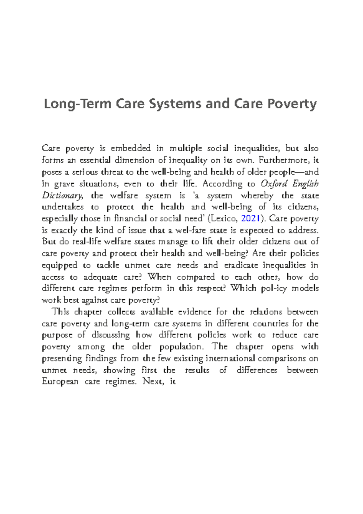 Final Exam Notes on Long-Term Care Systems & Care Poverty - Studocu