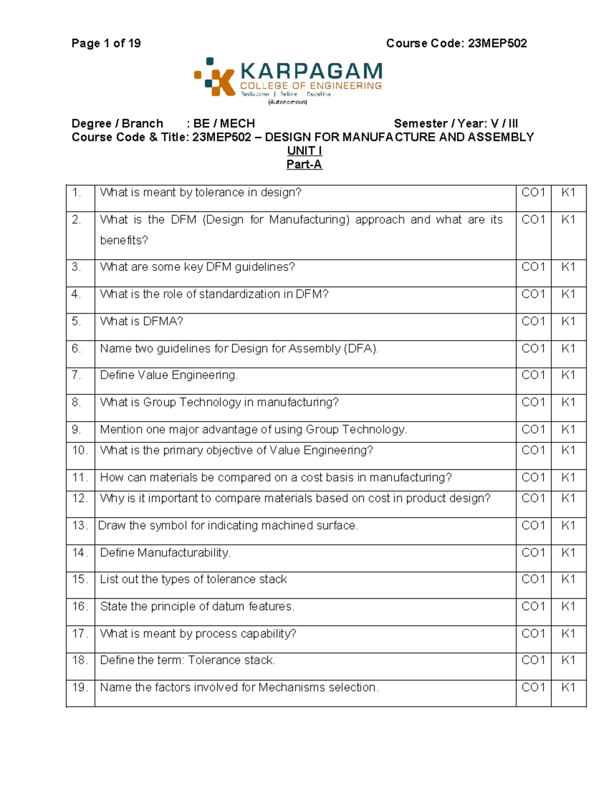 23MEP502 DFMA Final Exam Question Bank - Design for Manufacture and ...