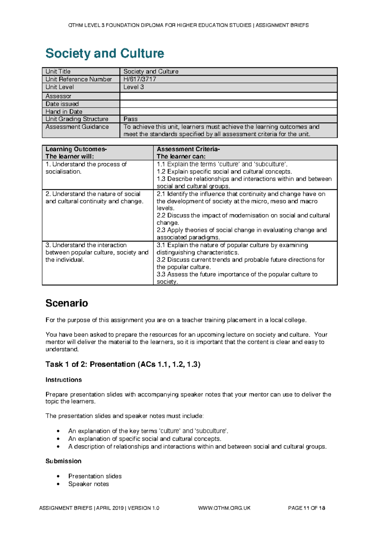 OTHM L3 FDip HES Assignment Brief: Society & Culture Overview - Studocu