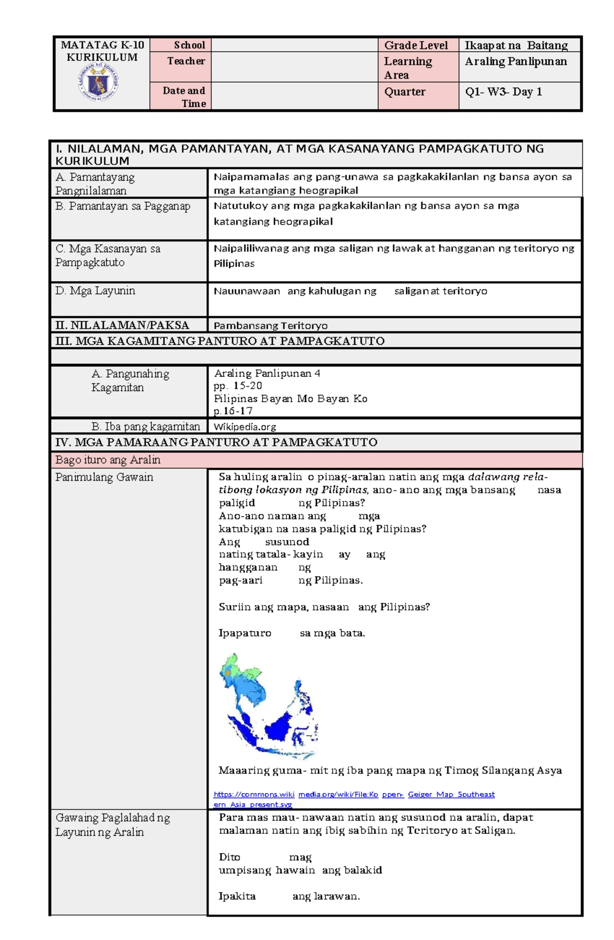 DLP- Grade 4 -AP-Q1 - Araling Panlipunan Lesson Plans on Philippines ...
