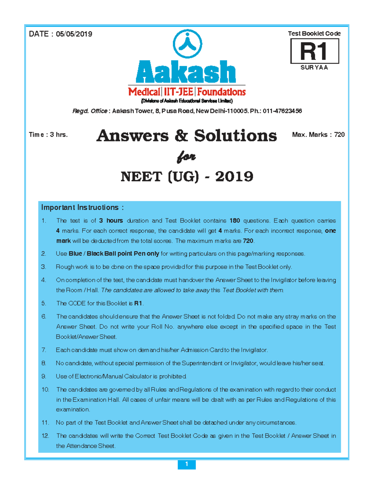 NEET-2019 (Code-R1) Test Booklet Solutions and Important Instructions ...