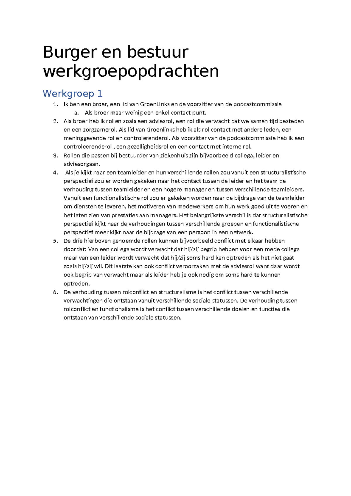 Burger en Bestuur: Werkgroepopdrachten en Rollen Analyse - Studeersnel