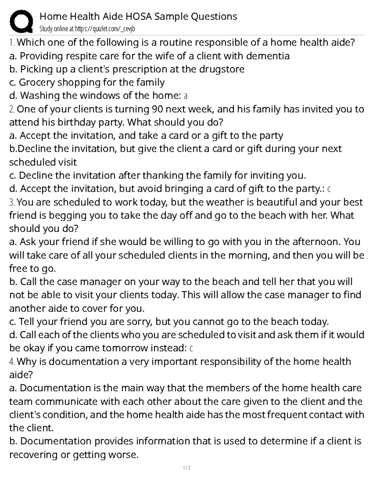 Home Health Aide HOSA Study Guide: Sample Questions & Answers - Studocu