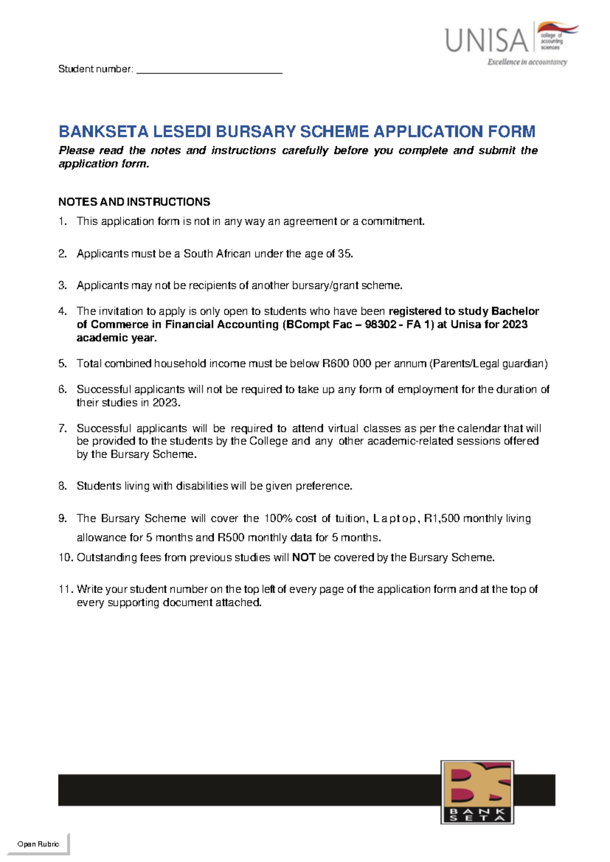 Bankseta Lesedi Bursary Scheme Application Form for 2023 - Studocu