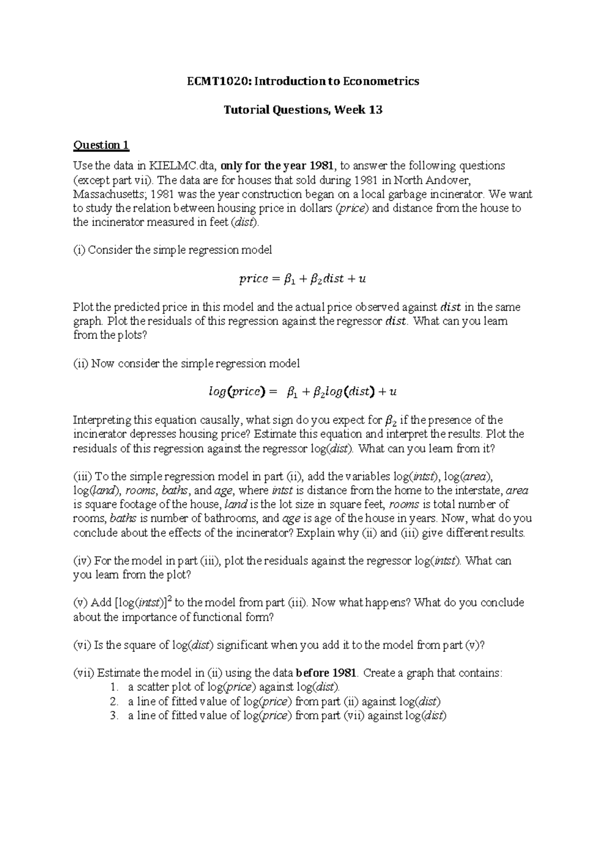 ECMT1020 - Week 13 Lecture Notes on Econometrics and Regression ...