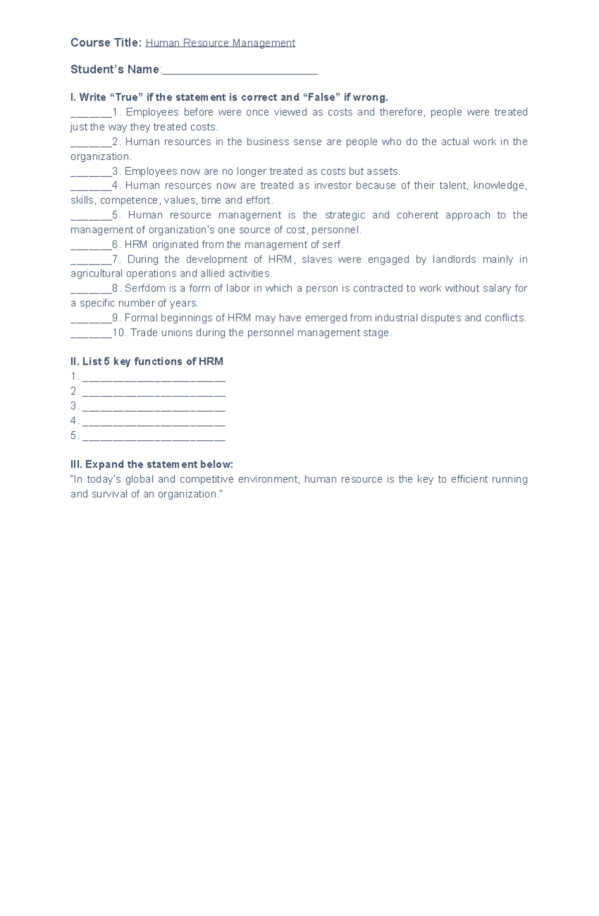 QUIZ HRM 101: Key Concepts and Functions in Human Resource Management ...