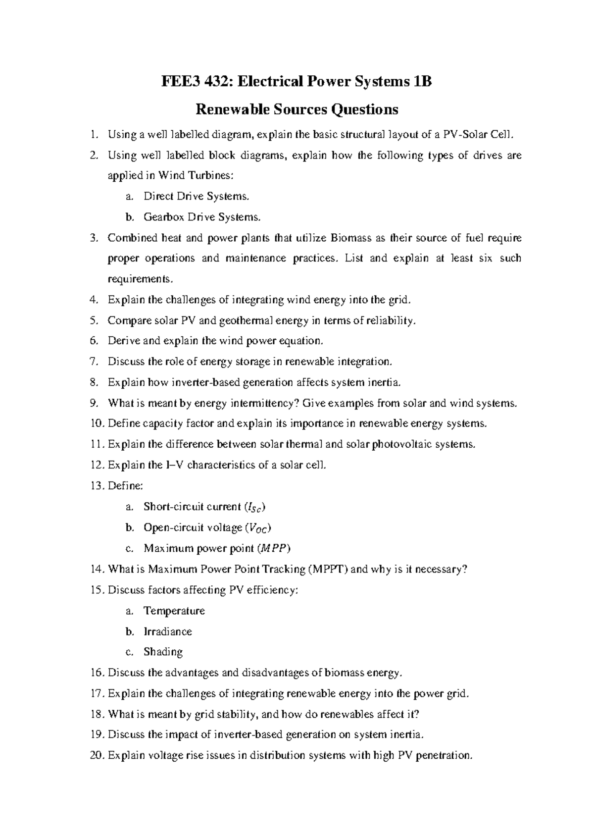 FEE3 432: Renewable Energy Sources - Key Questions & Concepts - Studocu