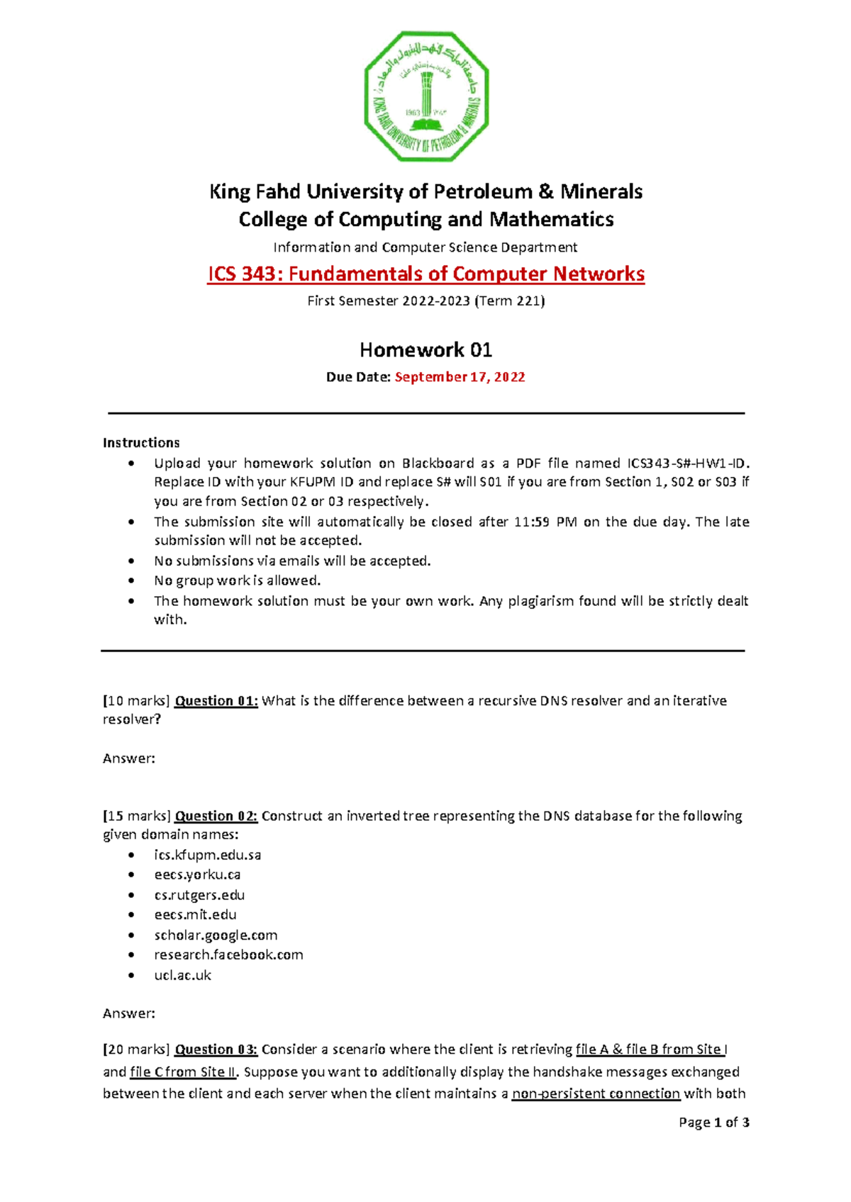 ICS 343 Homework 01 - Fundamentals of Computer Networks Assignment ...