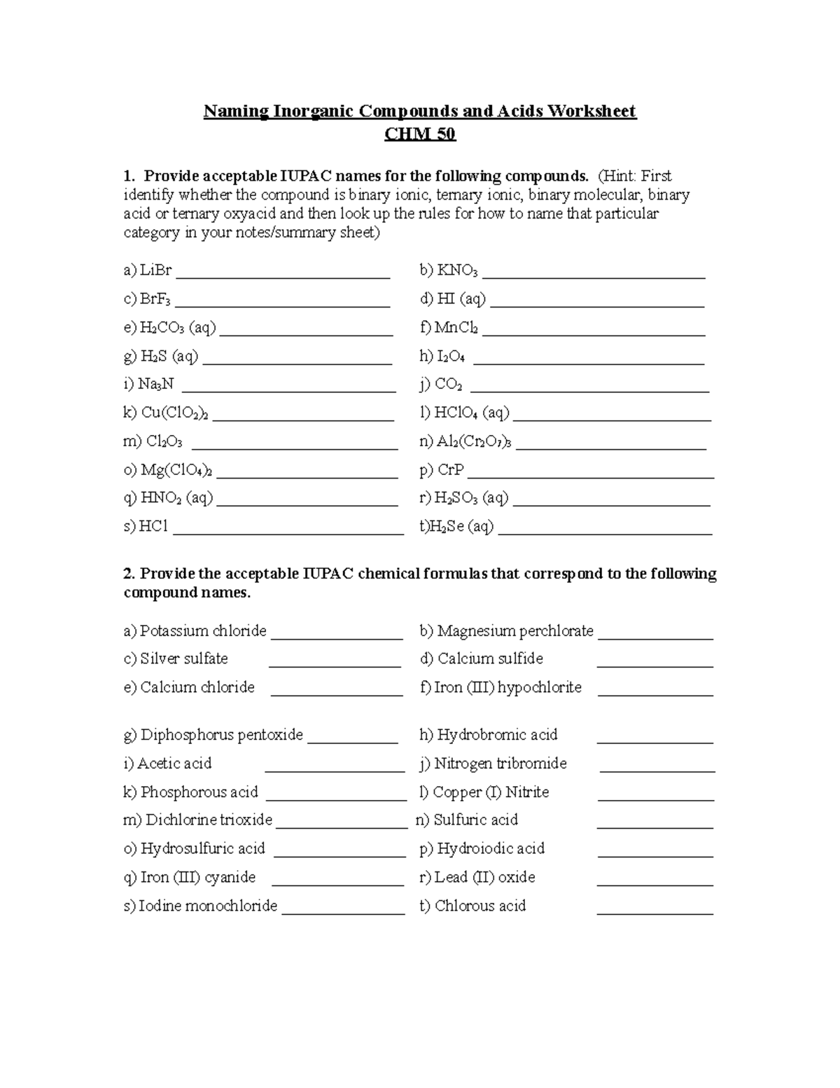 Acid Nomenclature Worksheet Ionic Name