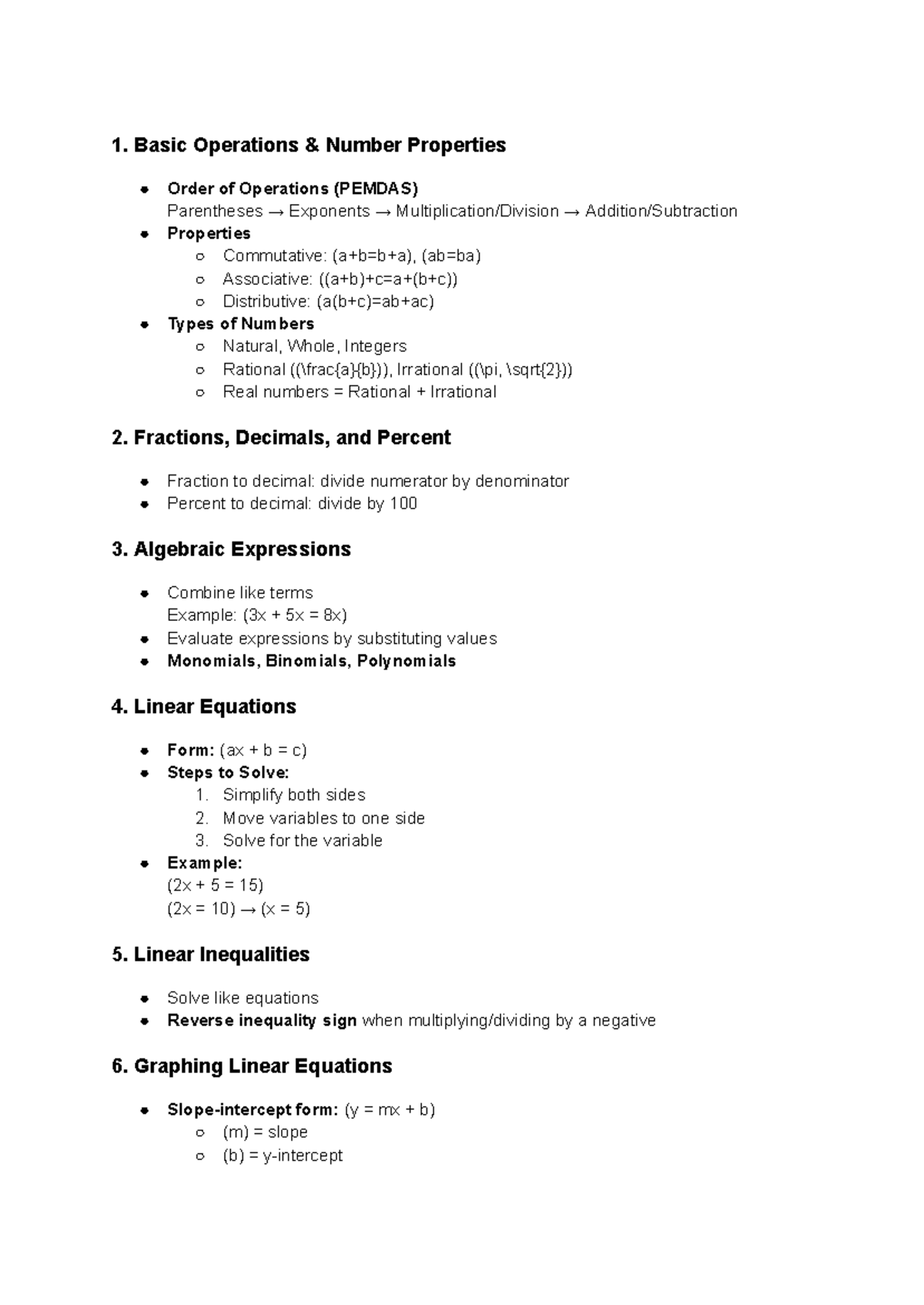 Math 101: Basic Operations, Fractions, and Linear Equations Notes - Studocu
