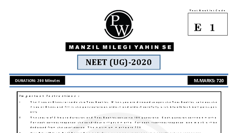 2020 NEET Exam Test Booklet E1 - Important Instructions & Questions ...