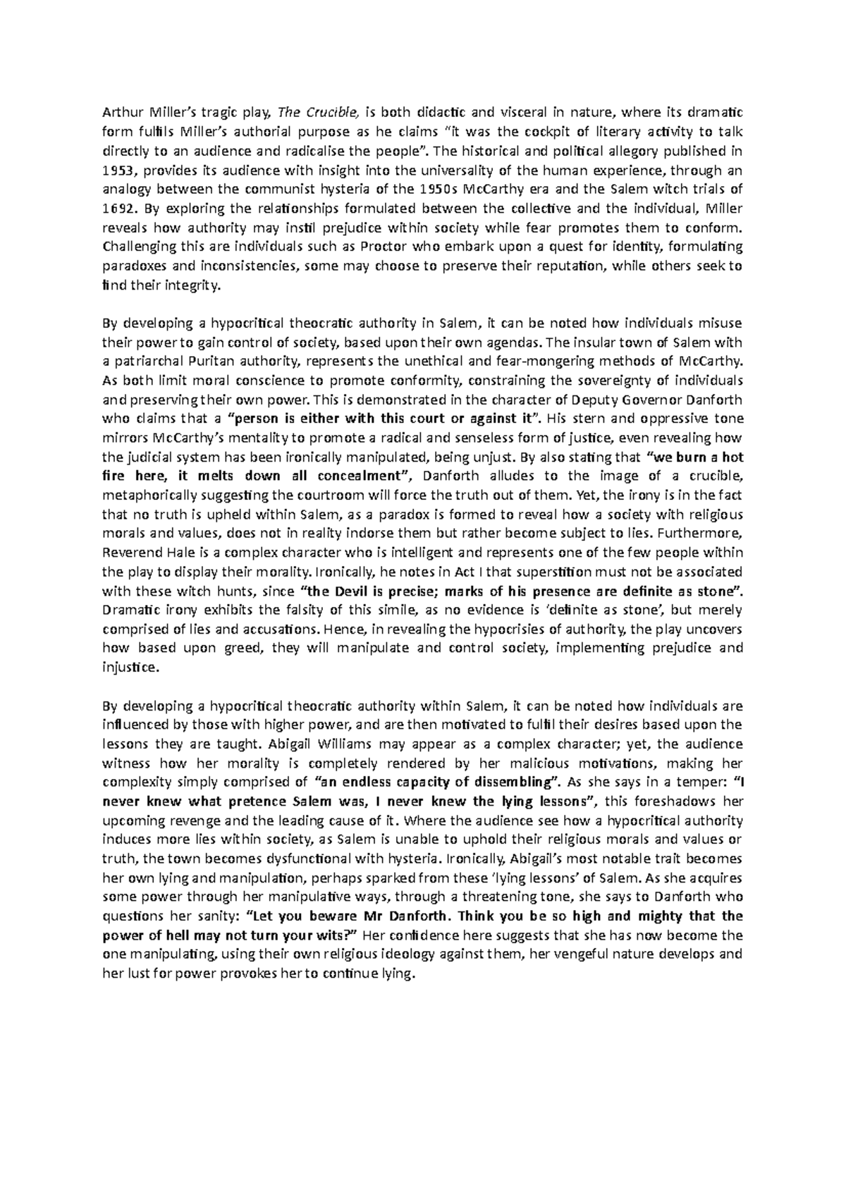 The Crucible Essay Analysis - Grade: B (ENG101) - Studocu