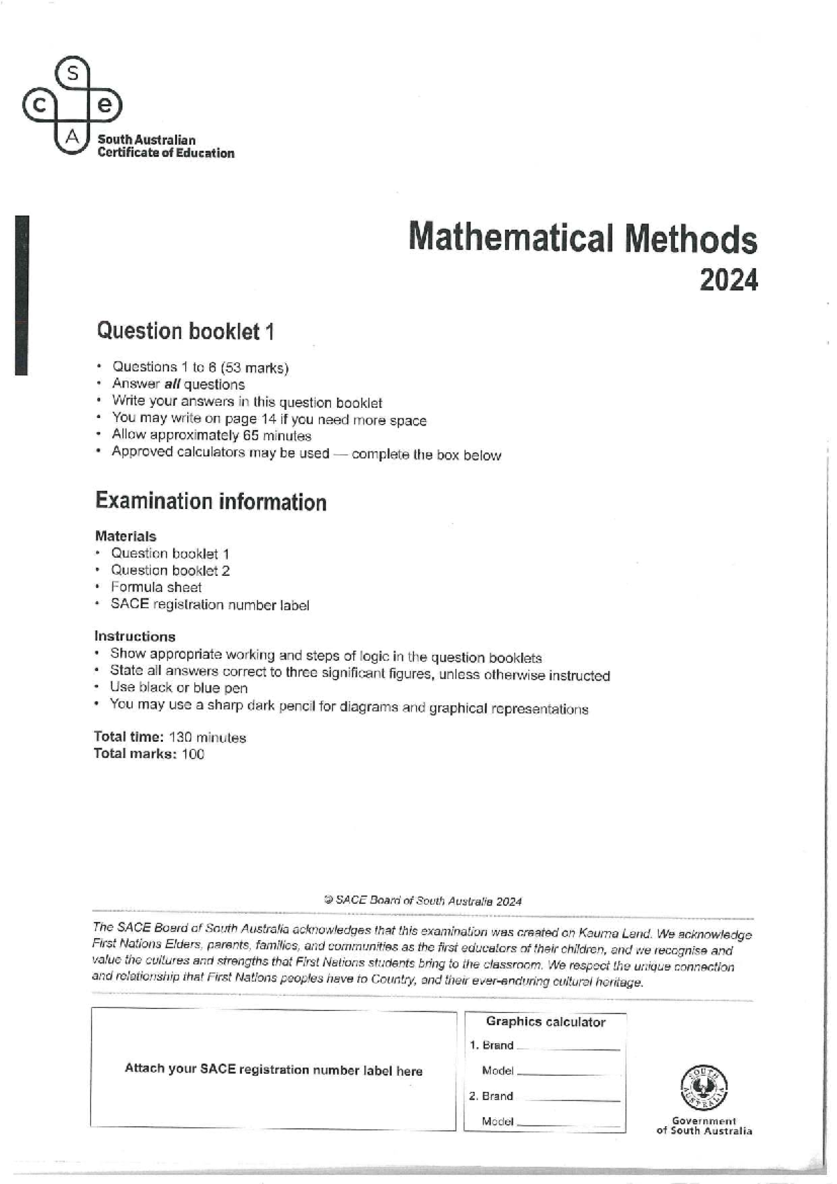 SACE Mathematical Methods 2024 Exam Solutions: Questions 1-7 - Studocu