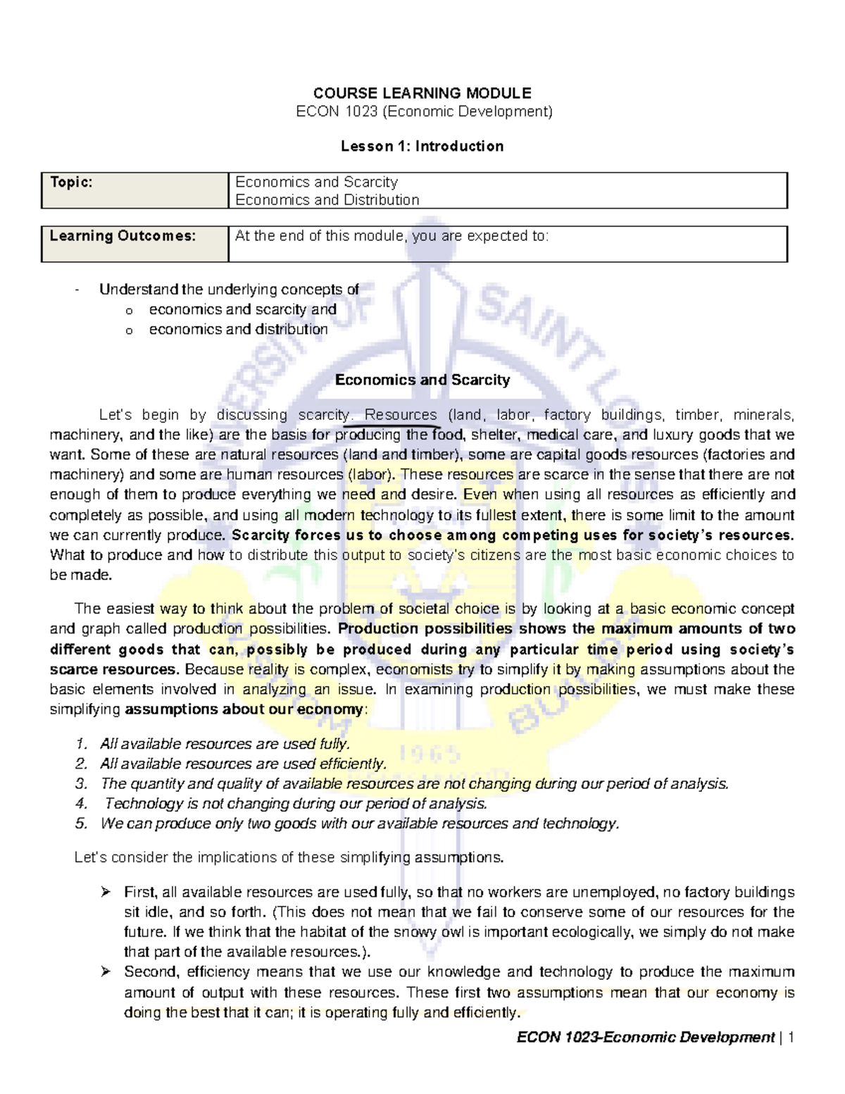 ECON 1023 Module 1: Intro to Economics, Scarcity & Distribution - Studocu