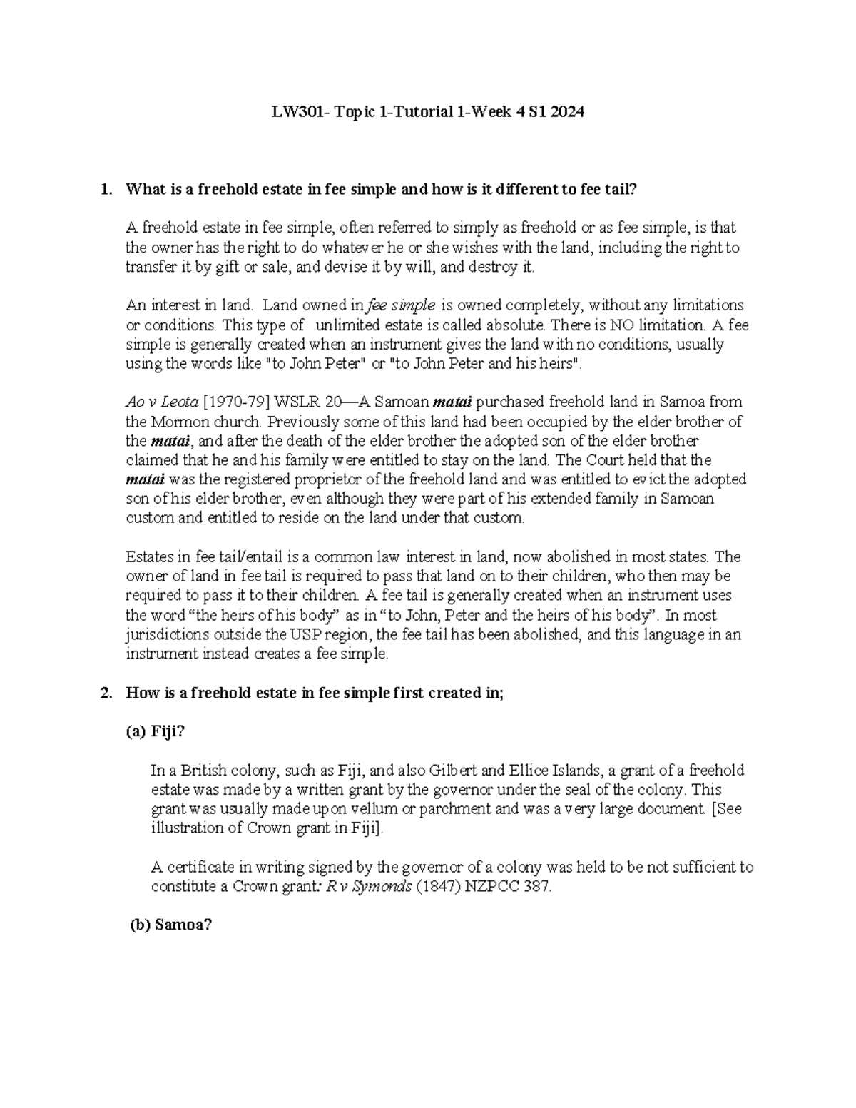 LW301- Freehold Estates in Fee Simple: Overview & Transfer Processes ...