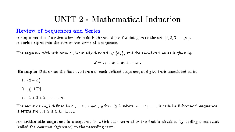 UNIT 2: Review of Sequences, Series, and Mathematical Induction - Studocu
