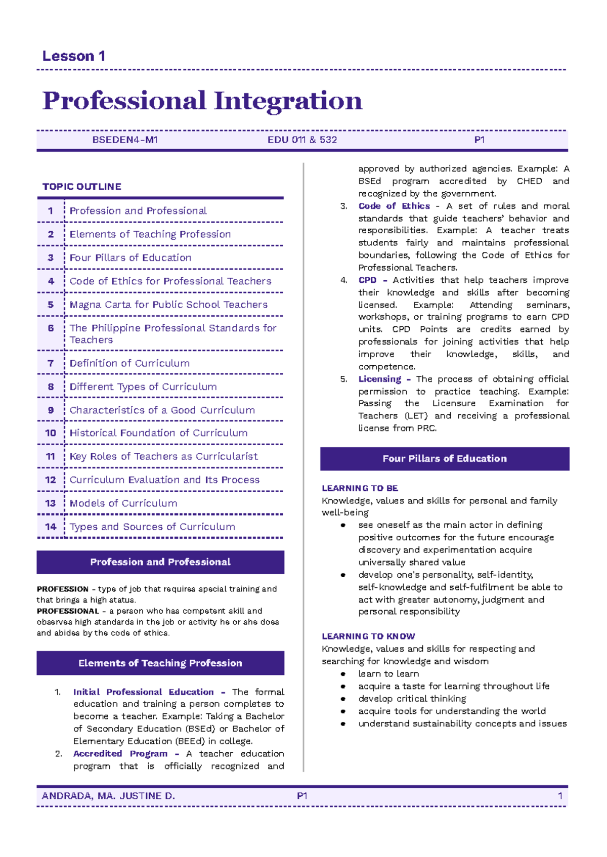 Lesson 1: Professional Integration Overview EDU 011 532 - Studocu