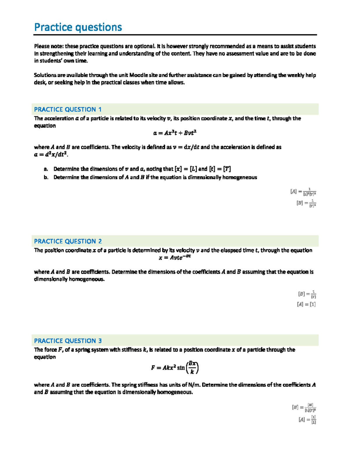 W1 Practice Questions for Understanding Dimensions and Forces - Studocu