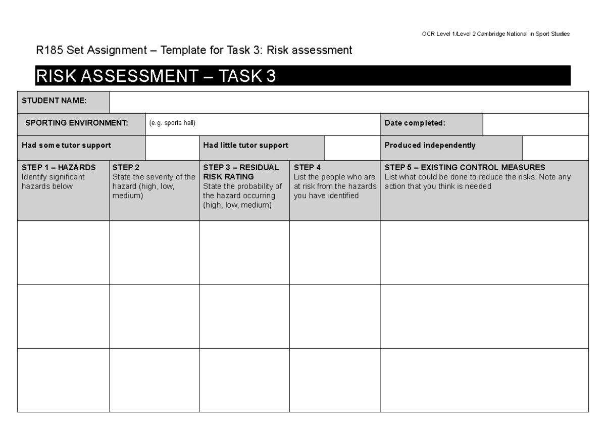 R185 Risk Assessment Template for Task 3 in Sport Studies - Studocu