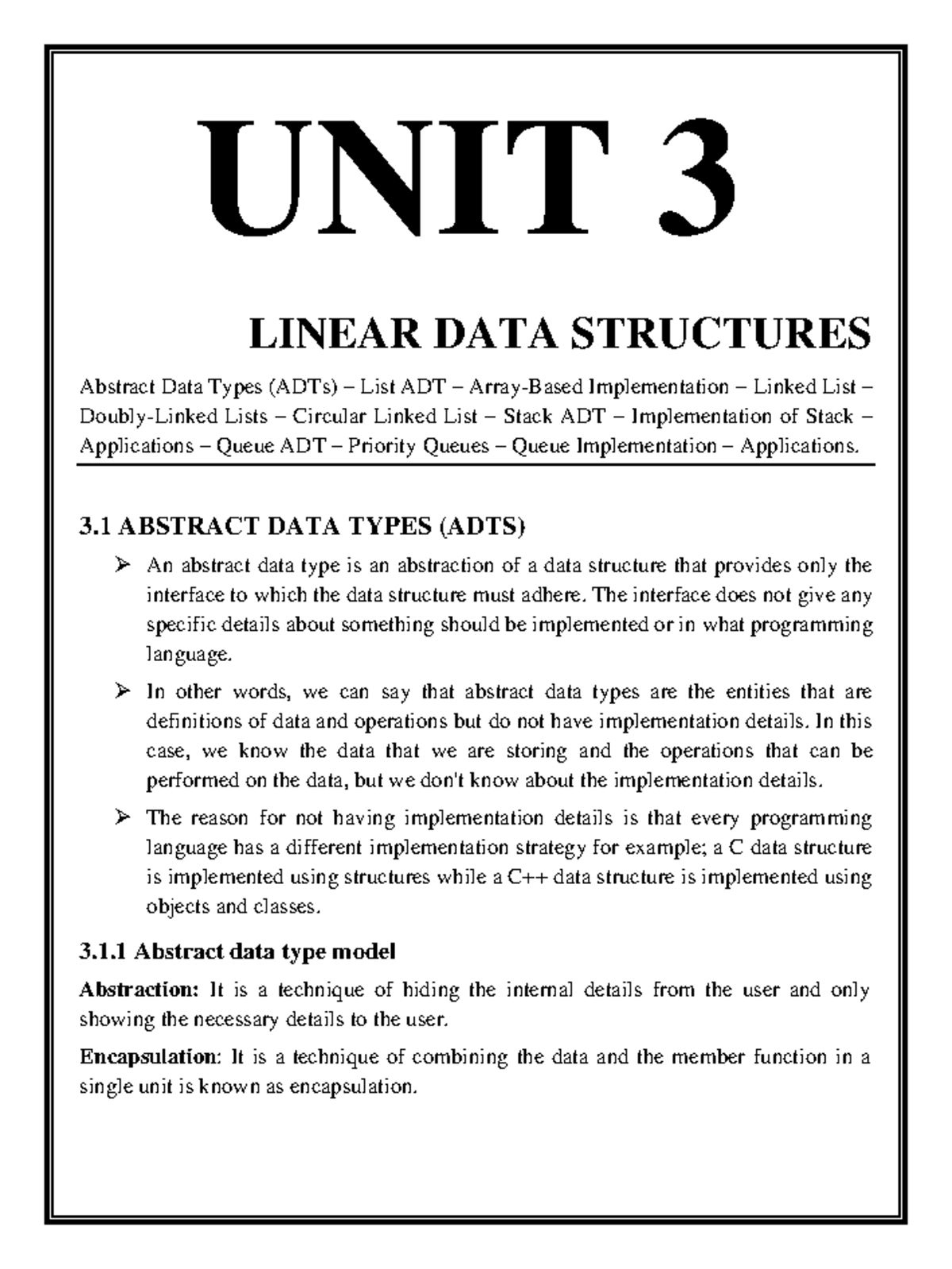 UNIT 3: Linear Data Structures and Abstract Data Types (ADTs) - Studocu
