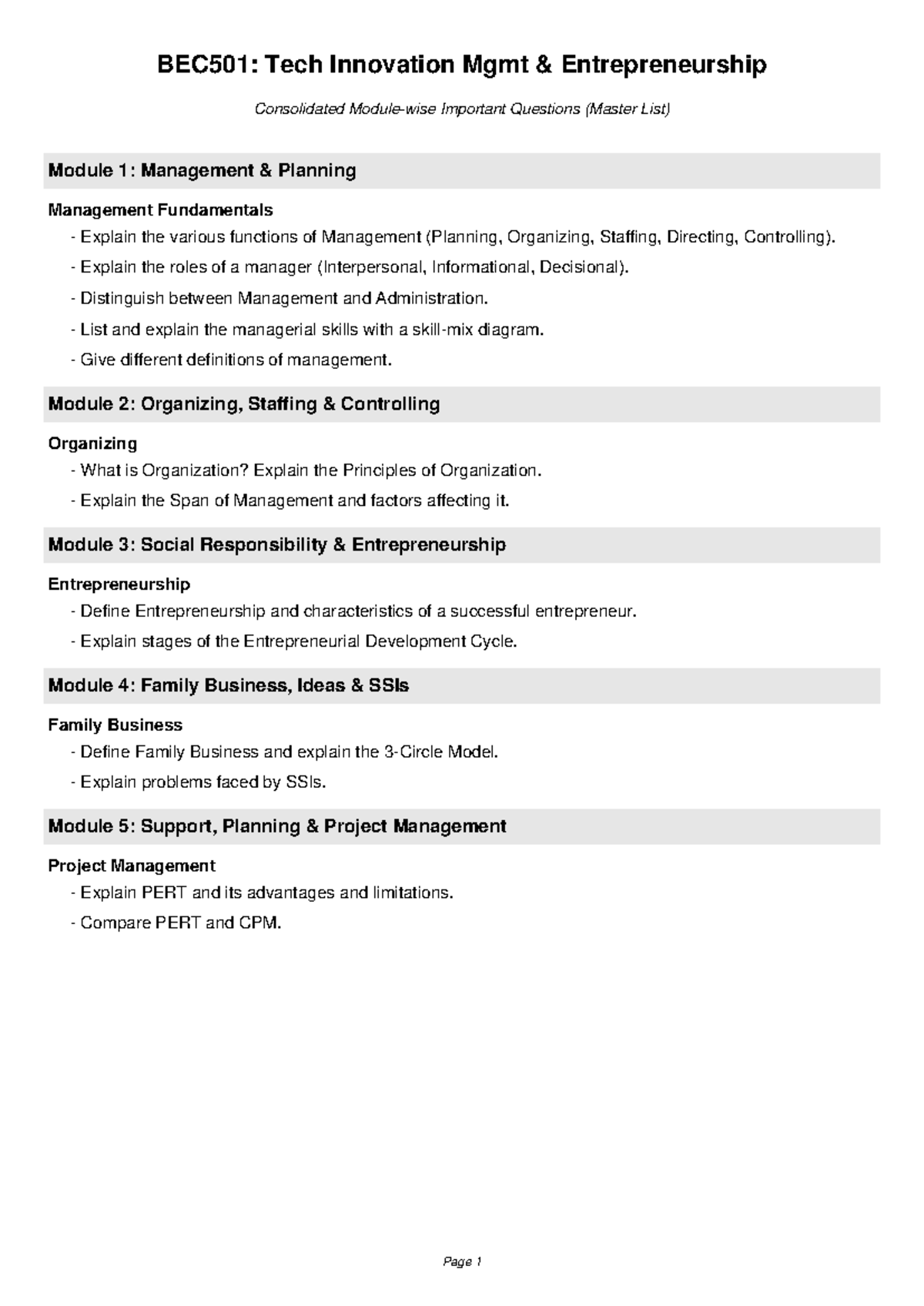 BEC501: Consolidated Important Questions on Tech Innovation Mgmt - Studocu