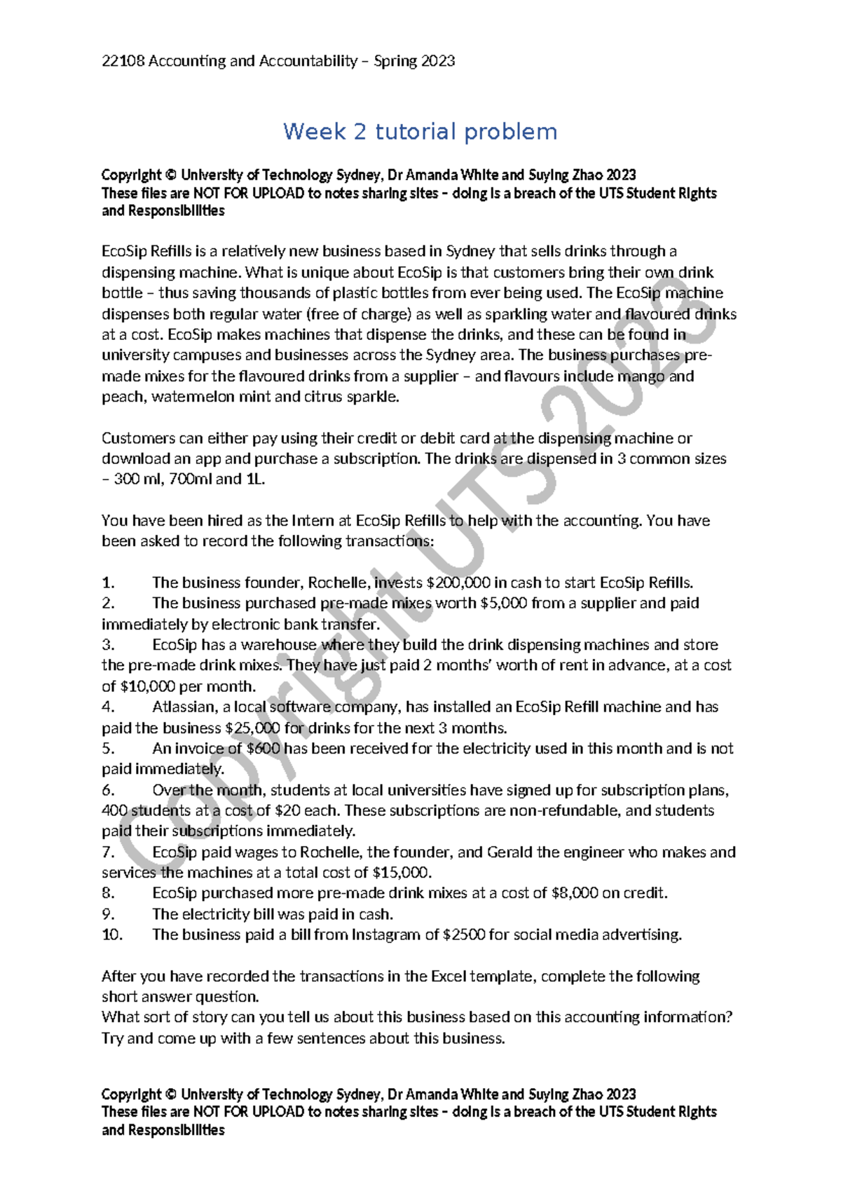 22108 Accounting & Accountability Spr23 Week 2 Tutorial Problem - Studocu