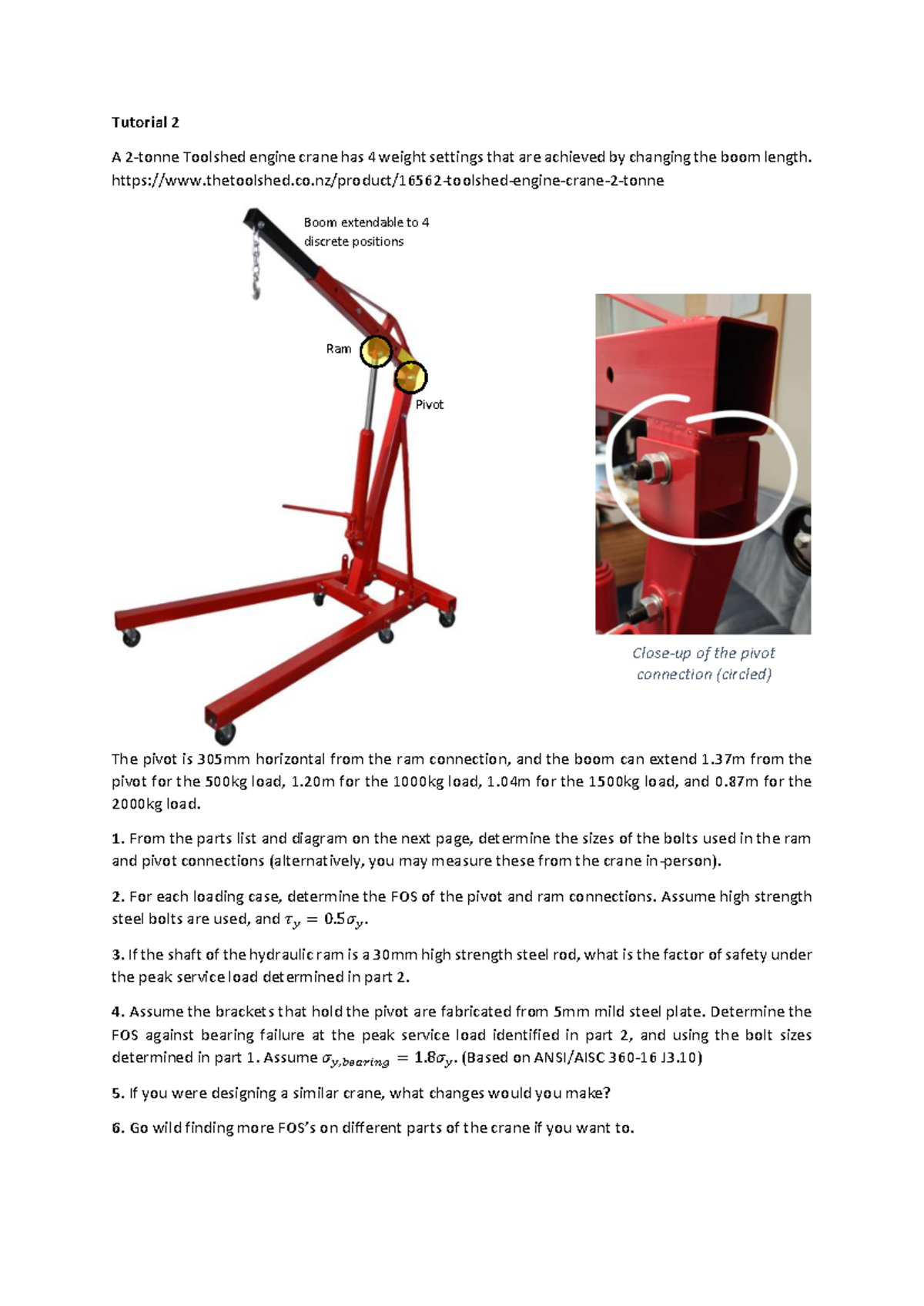 ENME202 Tutorial 2 - Crane Load Analysis and Safety Factors - Studocu