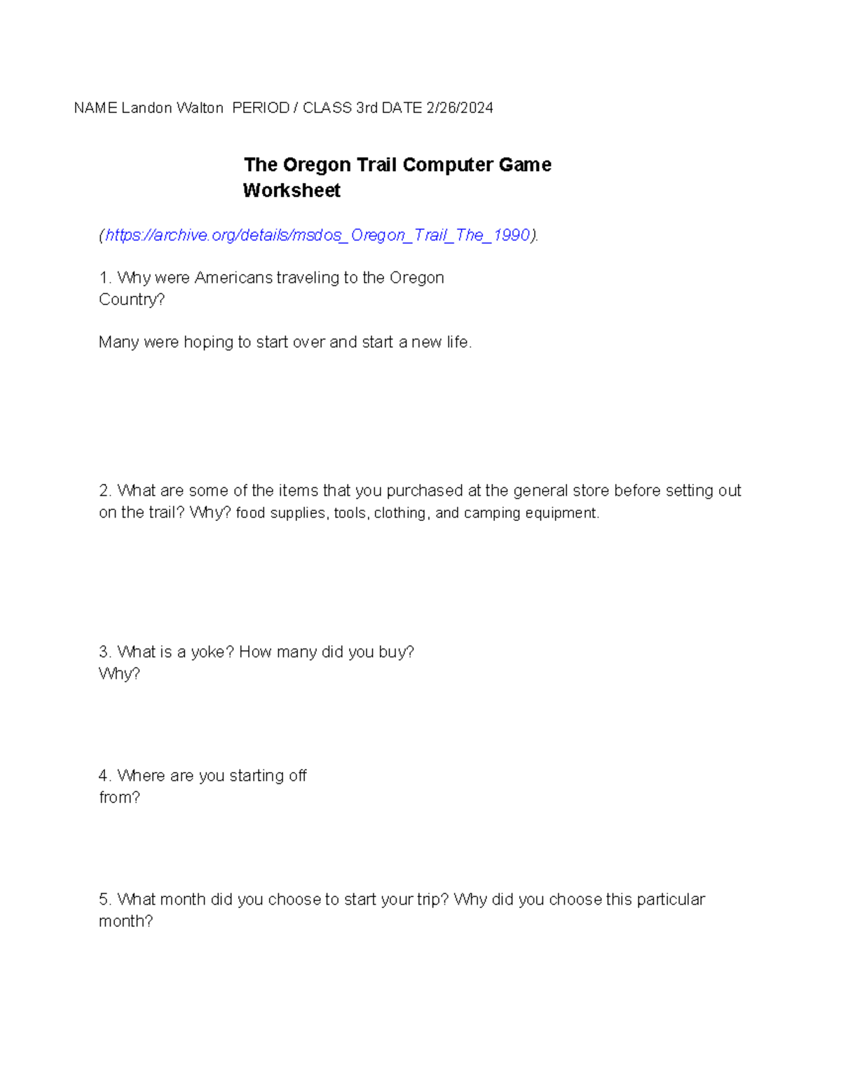 Oregon Trail Game Worksheet - Class 3 Midterm Review - Studocu