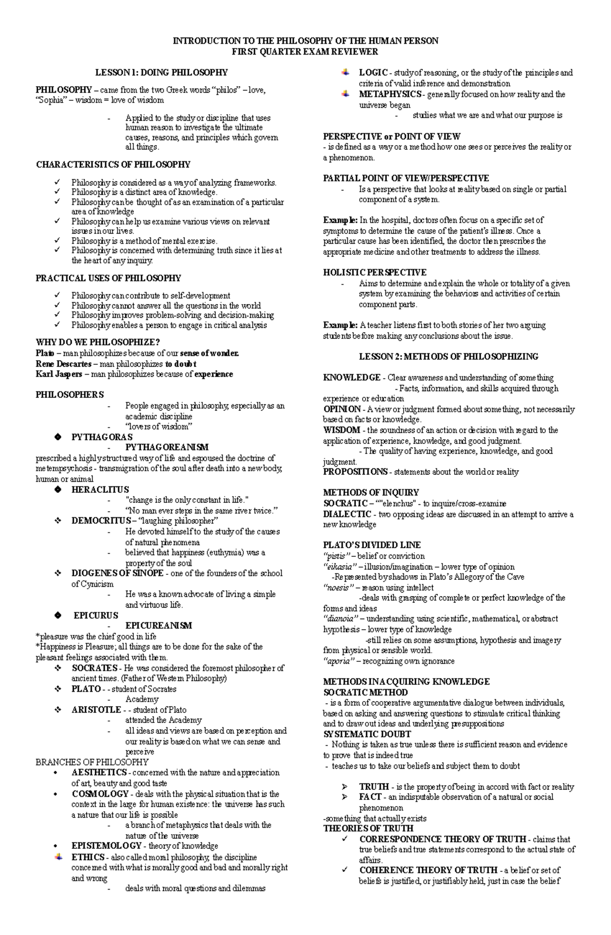 PHIL 101: First Quarter Exam Reviewer - Philosophy of the Human Person ...