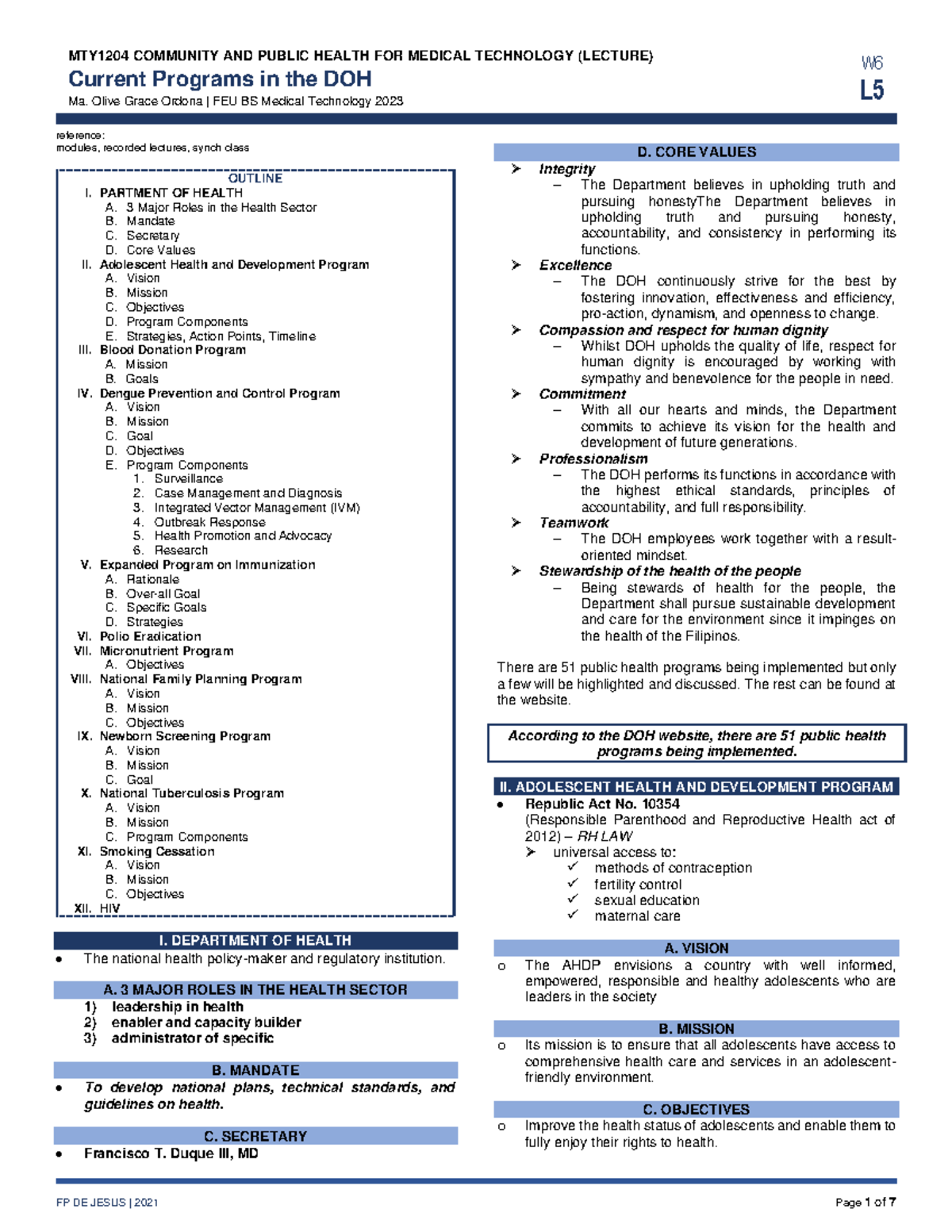 Lesson 5 - Overview of DOH Current Health Programs (MTY1204) - Studocu