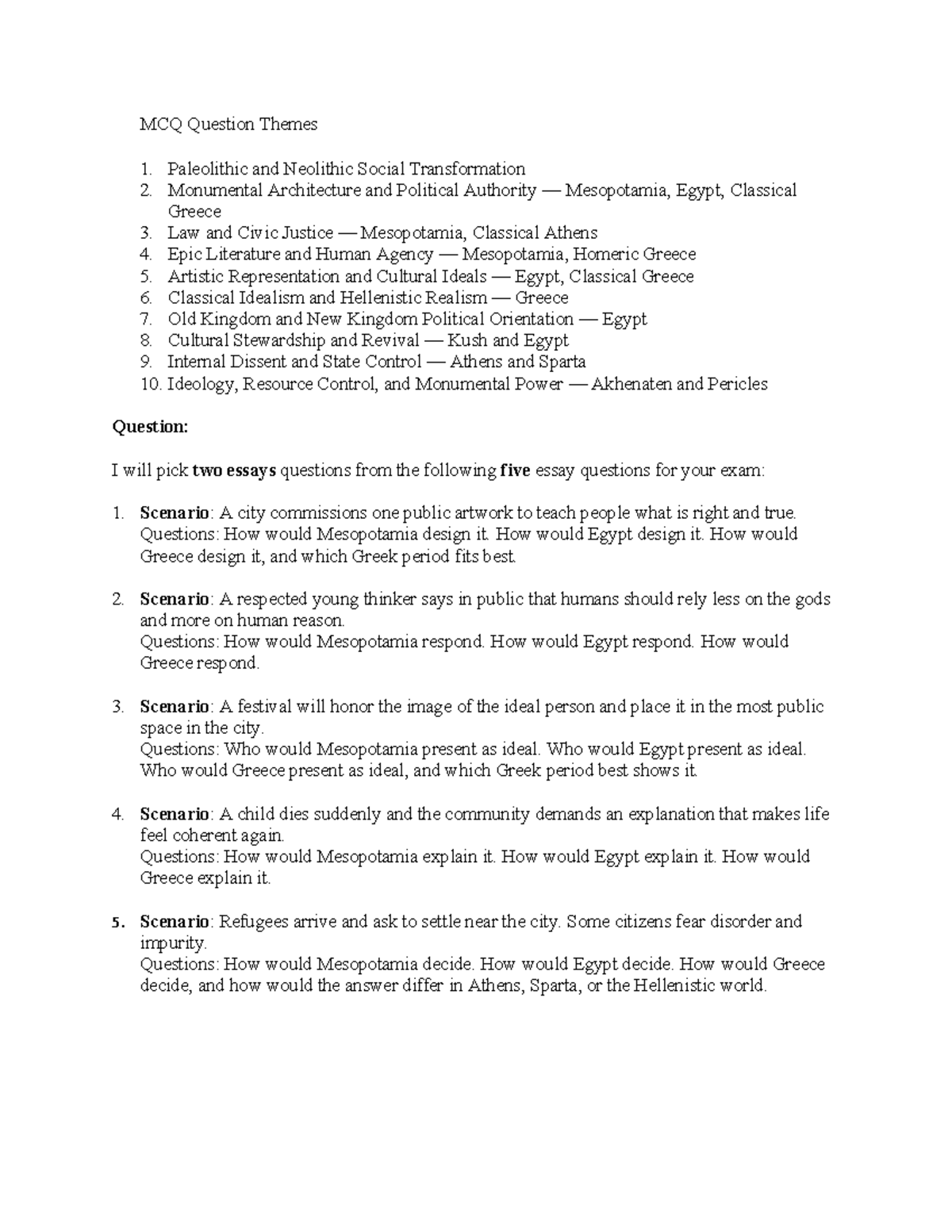 MCQ Themes and Essay Questions on Ancient Civilizations - Studocu