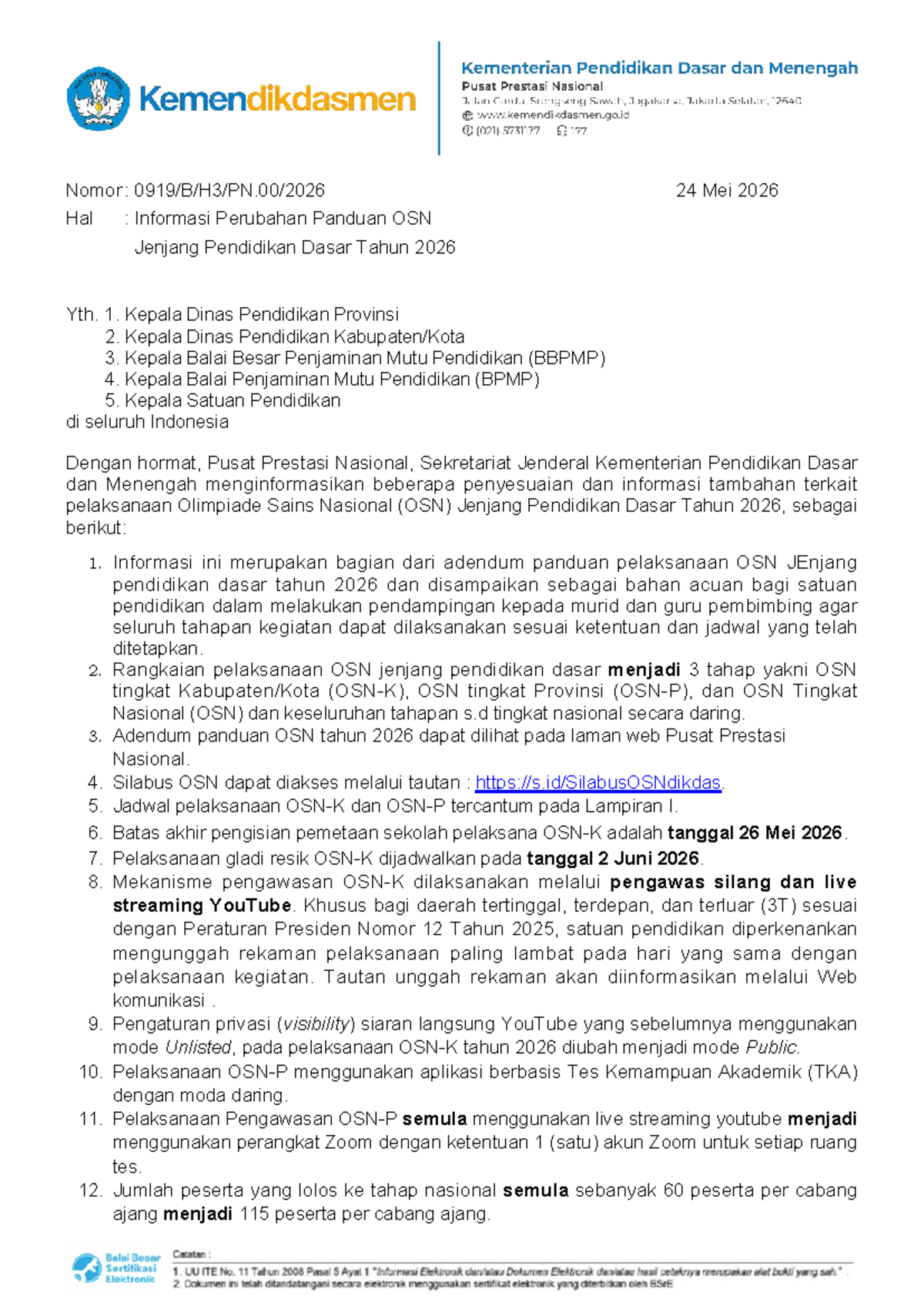 Surat Informasi Adendum Panduan OSN Pendidikan Dasar 2026 - Studocu