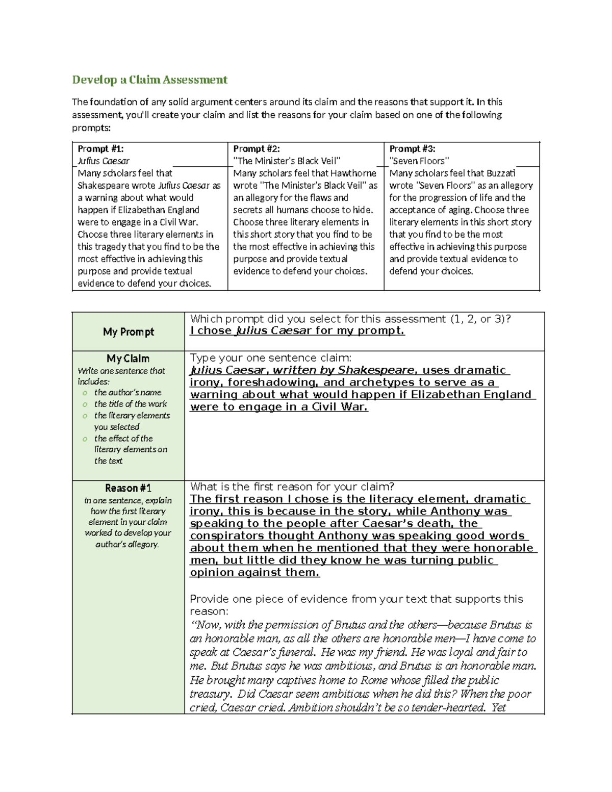 Developing a Claim for Julius Caesar (#2) - Assessment Guide - Studocu
