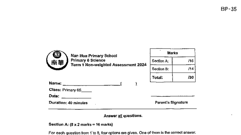 P6 Science 2024 WA1 Assessment - Nan Hua Primary School - Studocu