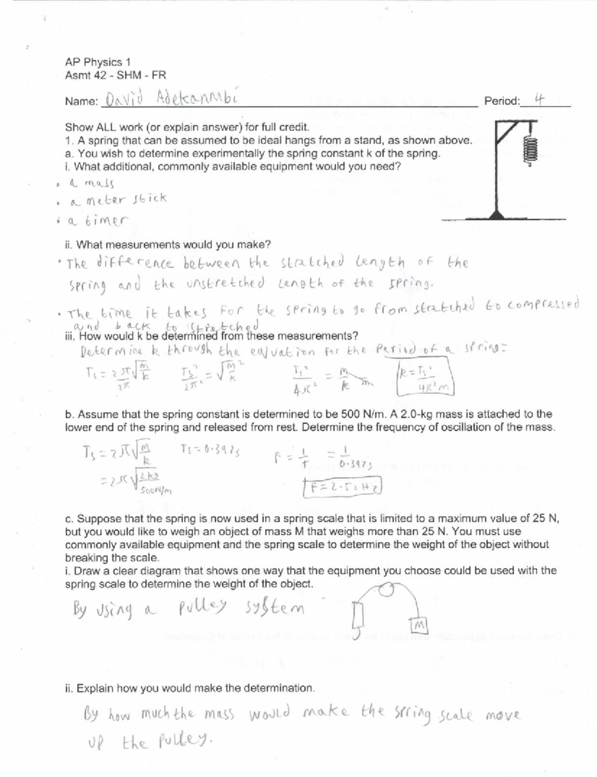 AP Physics 1 Asmt 42: SHM and Pendulum Experiments - Studocu