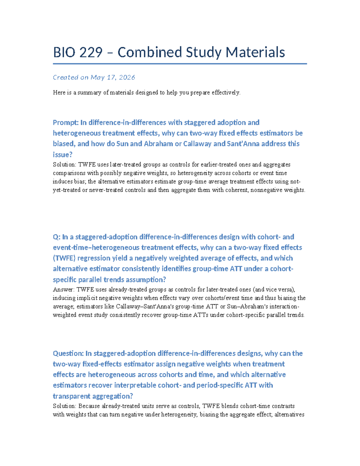 BIO 229 Study Guide: Addressing Bias in Fixed Effects Estimators - Studocu