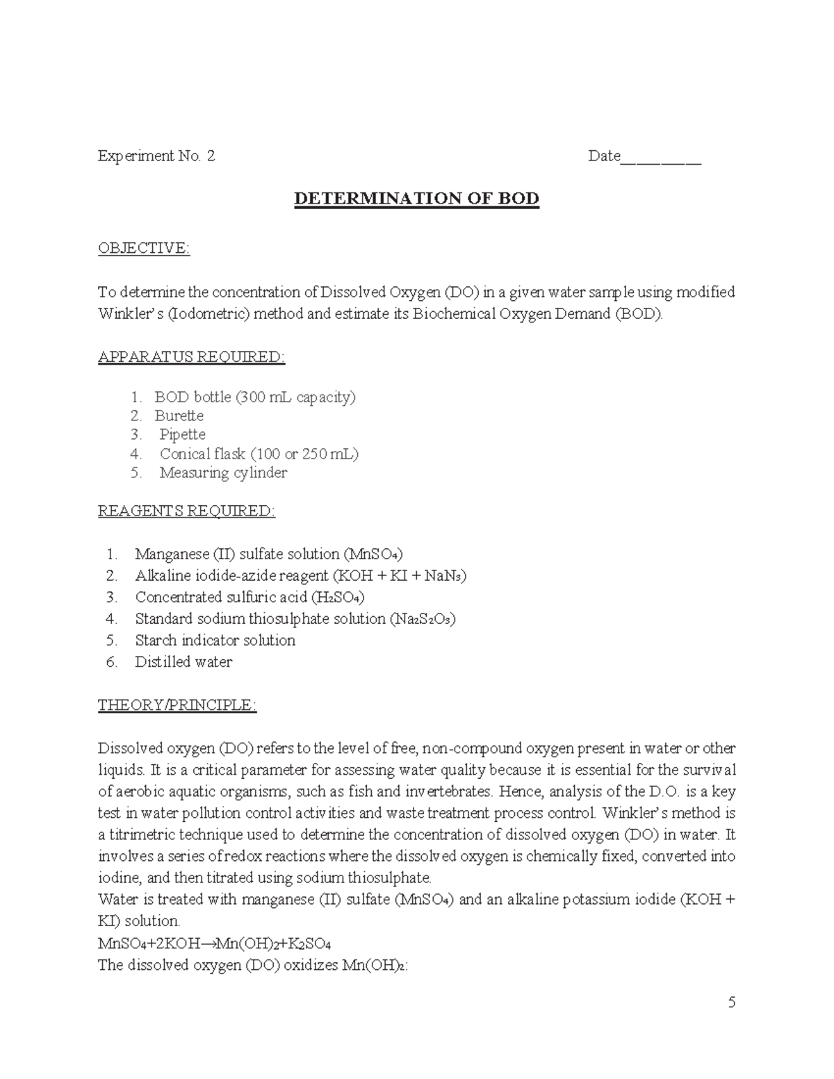 Experiment No. 2: Determination of BOD Using Iodometric Method - Studocu